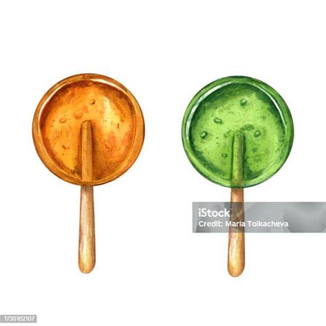 투명한 컬러풀한 원형 카라멜 녹색 노란색 사탕 봉봉 롤리팝 막대 사탕에 설탕 캐러멜 흰색으로 분리된 수채화 그림 사탕 가게 상점 엽서에 가루 설탕에 대한 스톡 벡터 아트 및