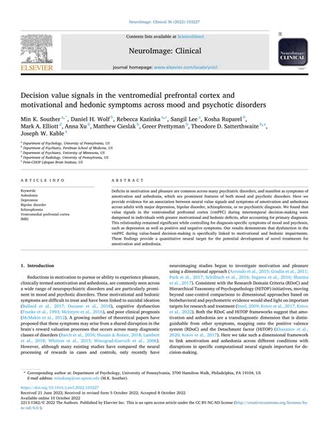 Pdf Decision Value Signals In The Ventromedial Prefrontal Cortex And Motivational And Hedonic