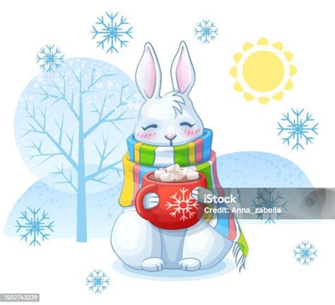 귀여운 토끼 만화 삽화 2023년 새해의 상징으로 재미있는 토끼 눈 아래 스카프를 두른 달콤한 토끼가 발에 뜨거운 코코아 한 잔을 들고 있는 겨울 풍경 인사말 카드 및 계절