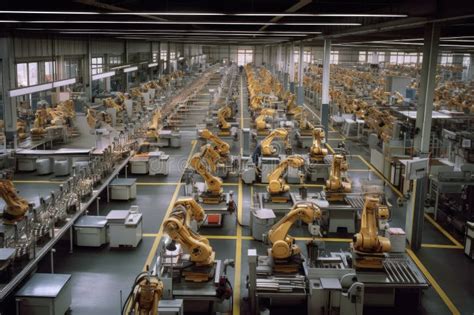 A Factory With Dozens Of Robotic Arms Assembling Products On Different Assembly Lines Stock