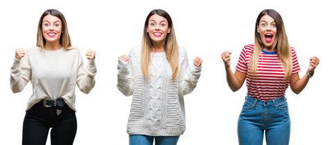 격리 된 배경 축 하에 아름 다운 젊은 여자의 콜라주 놀라게 무기 제기와 성공을 위한 깜짝 놀라게 고 눈을 엽니다 우승자 개념입니다 갈색 머리에 대한 스톡 사진 및 기타