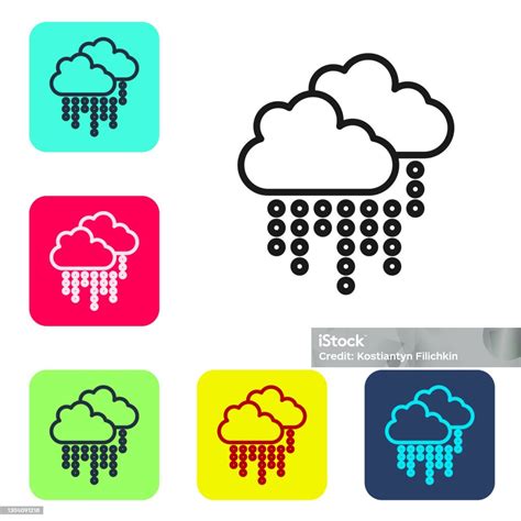 흰색 배경에 격리 된 비 아이콘과 검은 줄 구름 비가 내리는 비 구름 강수량 색상 정사각형 단추로 아이콘을 설정합니다 벡터 가을에 대한 스톡 벡터 아트 및 기타 이미지