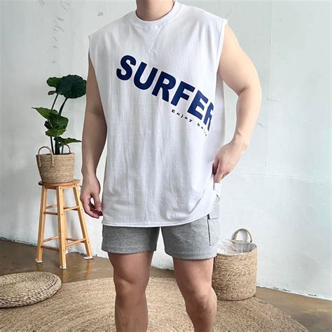 남자 커팅 서퍼 오버핏 레이어드 라운드 민소매 흰색 나시티 헬로마켓