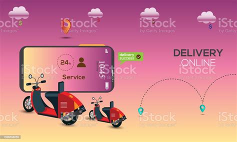 휴대 전화에 스쿠터로 빠른 온라인 배달 패키지 전자 상거래 성공 위치 추적의 조명 식품 주문 배달 개념 3차원 형태에 대한 스톡 벡터 아트 및 기타 이미지 Istock