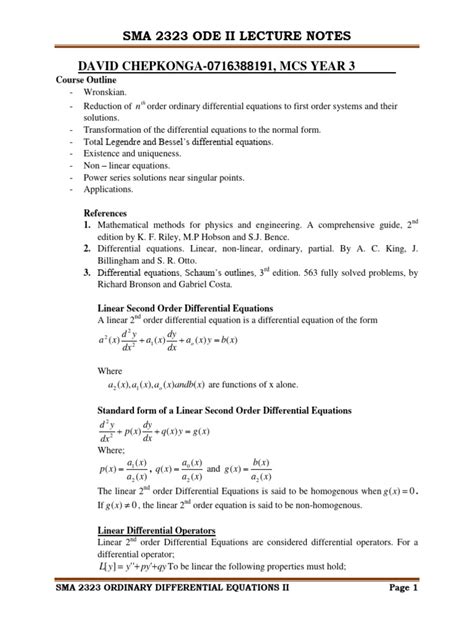 Sma 2323 Ordinary Differential Equations Ii Download Free Pdf Ordinary Differential Equation