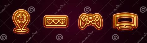 Set Line Power Button Game Life Bar Controller Or Joystick And Computer Monitor Glowing Neon