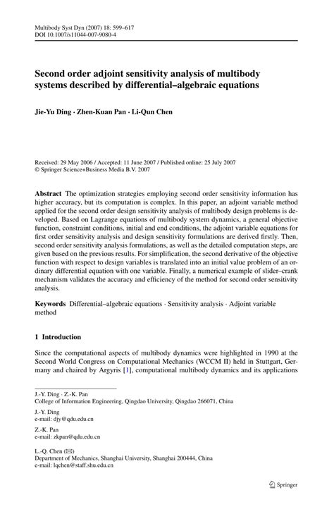 Pdf Second Order Adjoint Sensitivity Analysis Of Multibody Systems Described By Differential