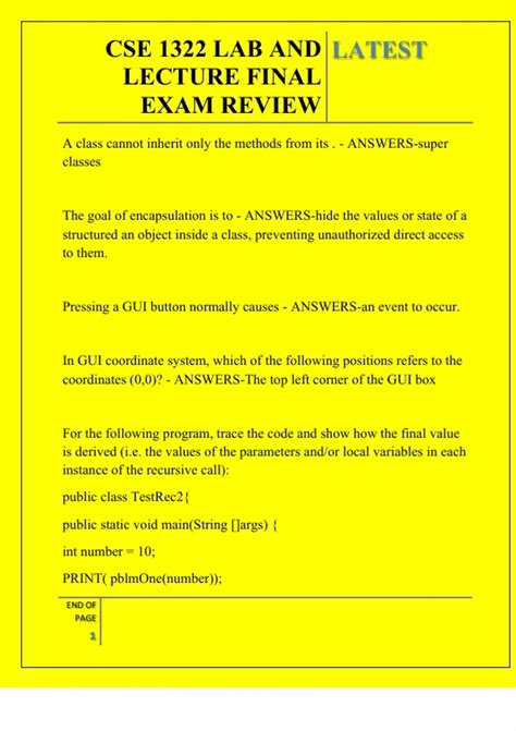 Cse 1322 Lab And Lecture Final Exam Review Questions And Answers 2025 Cse 1322 Lab And Lecture