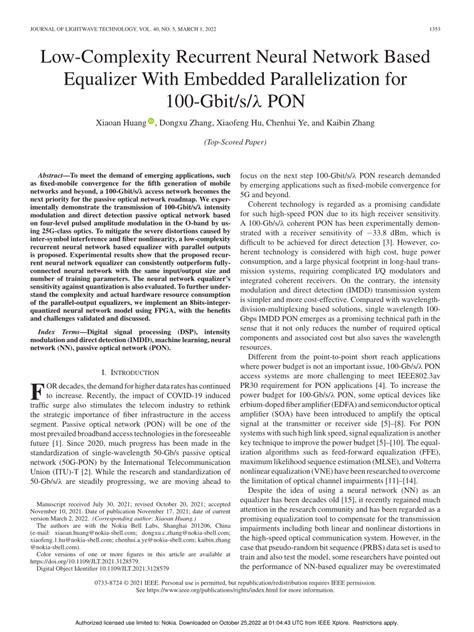 Pdf Low Complexity Recurrent Neural Network Based Equalizer With Embedded Parallelization For