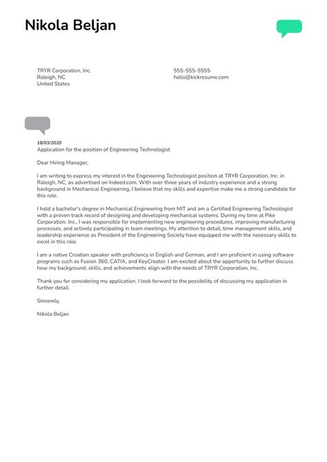 Engineering Technologist Cover Letter Example Kickresume
