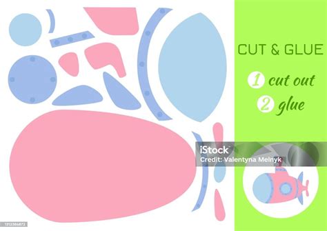 잘라 접착제 종이 만화 핑크 잠수함 공예 활동 페이지를 잘라 내고 붙여 넣습니다 유치원 어린이를위한 교육 게임 Diy 워크 시트 아이 로직 게임 활동 퍼즐 벡터 스톡
