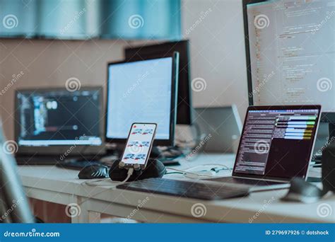 Computer Screens Running Programming Code In Empty Software Developing
