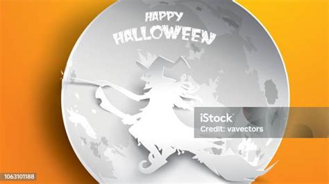 할로윈 마녀 까마귀 달와 빗자루 종이 예술 조각 스타일에에서 배경 배너 포스터 전단지 또는 초대장 템플릿 파티 벡터 일러스트입니다 10월에 대한 스톡 벡터 아트 및 기타