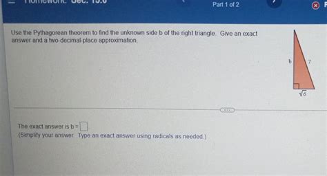 Solved Part Of Use The Pythagorean Theorem To Find The Chegg