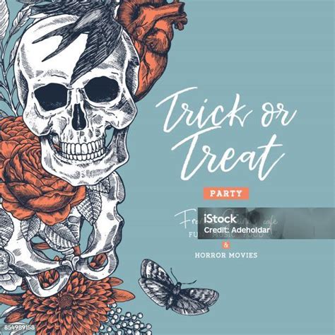 할로윈 파티 디자인 서식 파일입니다 빈티지 꽃 해부학 배경입니다 벡터 일러스트 레이 션 인간의 골격에 대한 스톡 벡터 아트 및 기타 이미지 인간의 골격 프레임 할로윈