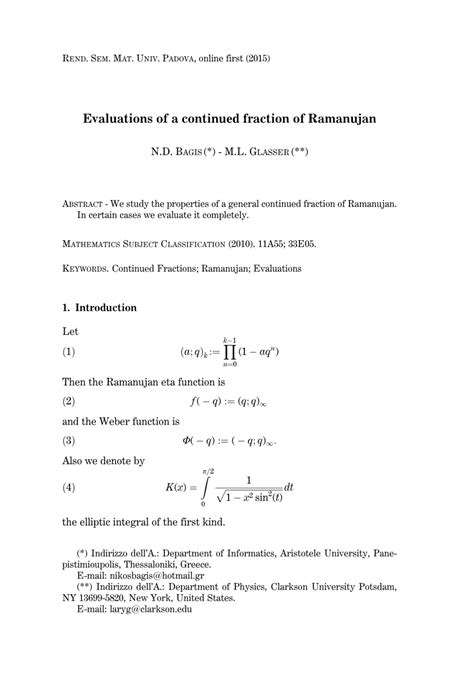 Pdf Evaluations Of A Continued Fraction Of Ramanujan
