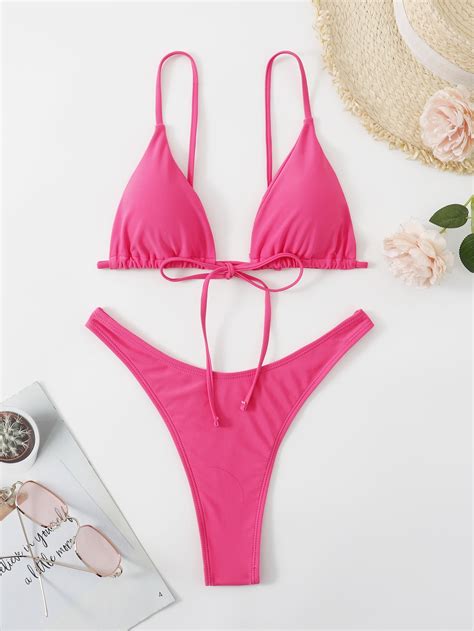 Shein Swim Vcay Solid Tie Front Triangle High Cut Bikini Swimsuit