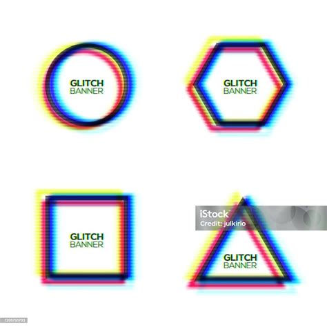추상 글리치 텍스처 프레임 세트입니다 글리치 효과와 현대 둥근 사각형 삼각형 육각형 배경을 왜곡 Rgb Cmyk 색상 채널 깨진 기호 컬렉션입니다 최소한의 스타일 벡터