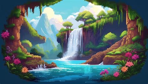 Pixelated Pixel Art Waterfall Scene A Lush Forest Scene Featuring A