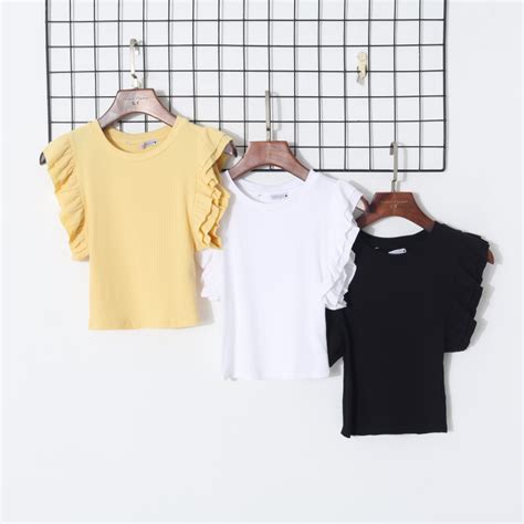 2021สำหรับฤดูร้อนเสื้อผ้าหญิงสไตล์เกาหลีสดสีเดียวปลอกคอกลมคลุมศรีษะแขนพองสลิมแลดูผอมความยืดหยุ่น