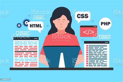 웹 개발 평면 디자인 일러스트레이션 랩톱과 컴퓨터 화면이 있는 크리에이티브 배너는 앱 코딩 및 프로그래밍을 보여 주었습니다 Php 프로그래밍 언어에 대한 스톡 벡터 아트 및
