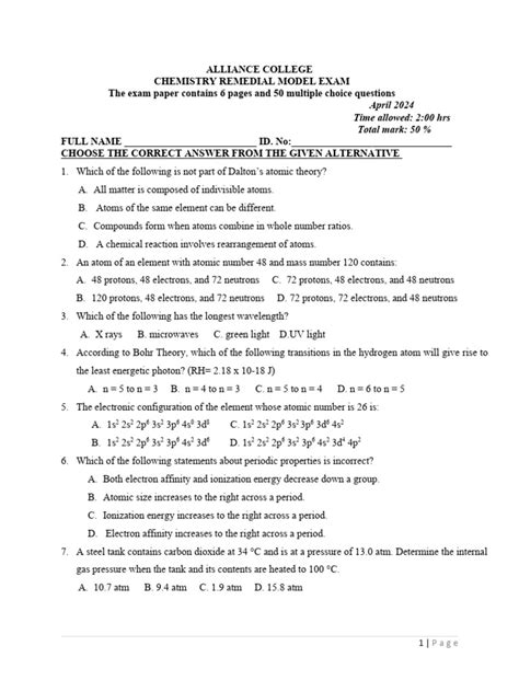 Remedial Chemistry Model Exam 2024 Download Free Pdf Gases Atoms