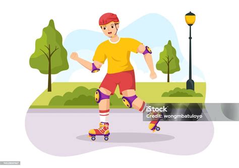 야외 활동 스포츠 레크리에이션 또는 주말 레크리에이션을 위해 도시 공원에서 롤러 스케이트를 타는 사람들은 만화 손으로 그린 템플릿 그림 롤러 스케이트에 대한 스톡 벡터 아트