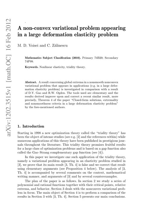 Pdf A Non Convex Variational Problem Appearing In A Large Deformation Elasticity Problem