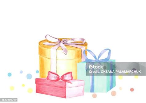 활과 색종이 조각이 있는 수채화 휴일 선물 상자입니다 템플릿 인사말 카드입니다 축제 포장지 초대장 생일 및 휴일 파티 장식 스티커 및 인쇄를 위한 손으로 그린 그림 0명에