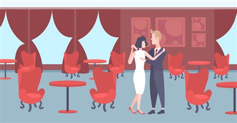 함께 춤을 우아한 커플 남자 여자 연인 현대적인 레스토랑 인테리어 럭셔리 홀 남성 여성 만화 캐릭터 전체 길이 평면 수평 연회 가정의 방에 대한 스톡 벡터 아트 및 기타