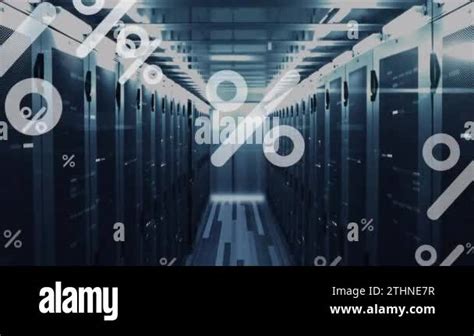 Animation Of Percentile Symbols And Falling Bars Against Server Room In