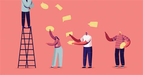 남자는 사다리에 서서 확성기나 확성기에 소리를 지르며 말풍선을 잡는 캐릭터와 함께 합니다 홍보 업무 개념 경고 광고 캠페인 홍보 만화 사람들 벡터 일러스트레이션 벡터