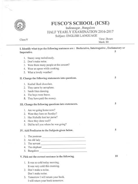 Icse Class V English Language Half Yearly Model Exam Pdf