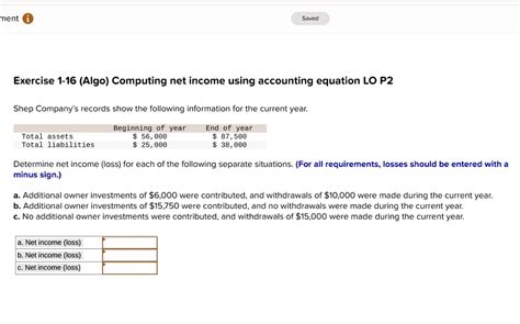 Exercise 1 16 Algo Computing Net Income Using Accounting Equation Lo