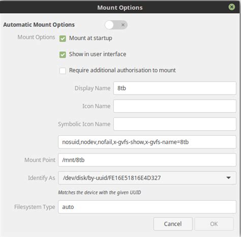 permissions hdd mount option to grant ownership of files on drive