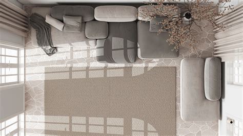 흰색과 베이지 톤의 현대적인 거실 베개와 카펫이 있는 벨벳 소파 화분에 심은 나무와 장식 미니멀한 인테리어 디자인 평면도 평면도 위 거실에 대한 스톡 사진 및 기타 이미지