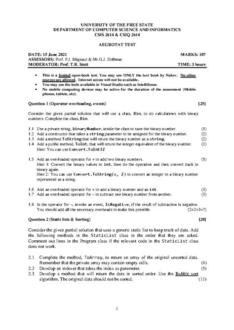 2021 Test 3 University Of The Free State Department Of Computer