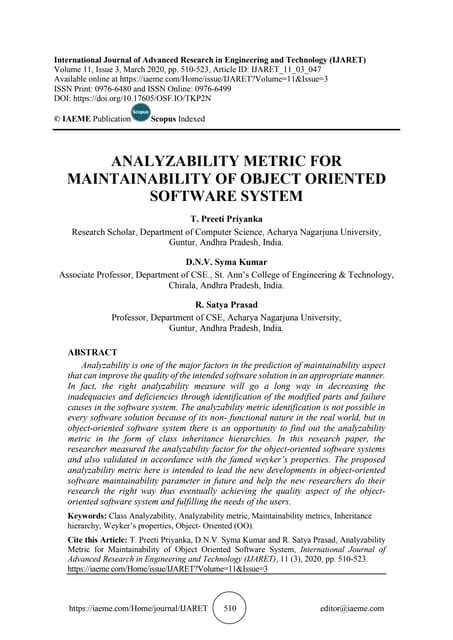 Analyzability Metric For Maintainability Of Object Oriented Software