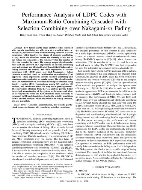 Pdf Performance Analysis Of Ldpc Codes With Maximum Ratio Combining Cascaded With Selection