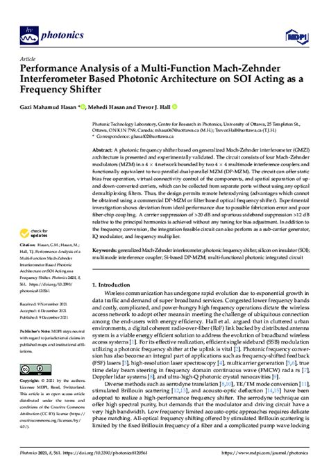Pdf Performance Analysis Of A Multi Function Mach Zehnder Interferometer Based Photonic