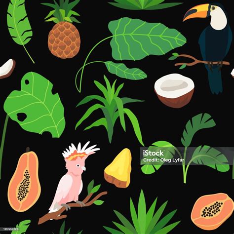 파파야 코코넛 파인애플 앵무새 투칸 및 플로럴 정글 엘멘트와 같은 이국적인 열대 성 과일과 매끄러운 패턴이나 질감으로 인쇄 포장 디자인 섬유 직물을 제공합니다 여름 테마