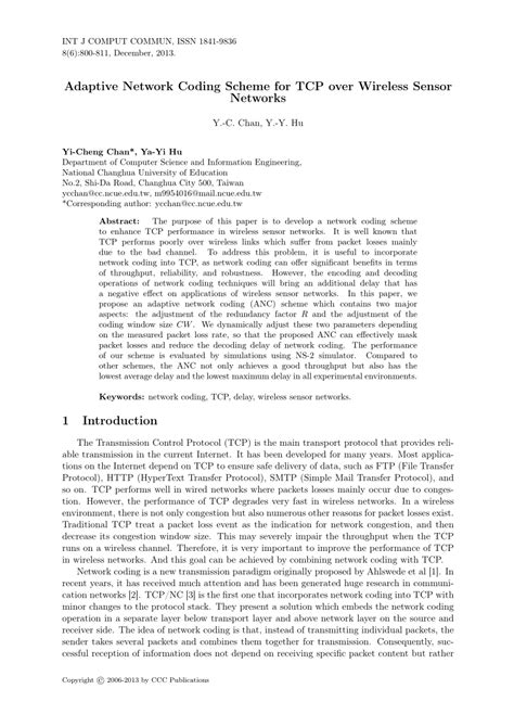 Pdf Adaptive Network Coding Scheme For Tcp Over Wireless Sensor Networks