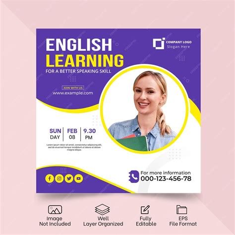 Aprenda Design De Postagem De Mídia Social Em Inglês Vetor Premium