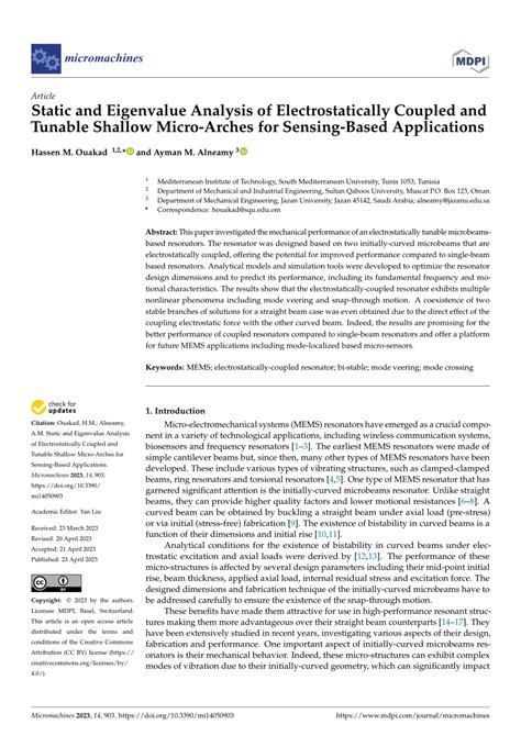 Pdf Static And Eigenvalue Analysis Of Electrostatically Coupled And Tunable Shallow Micro