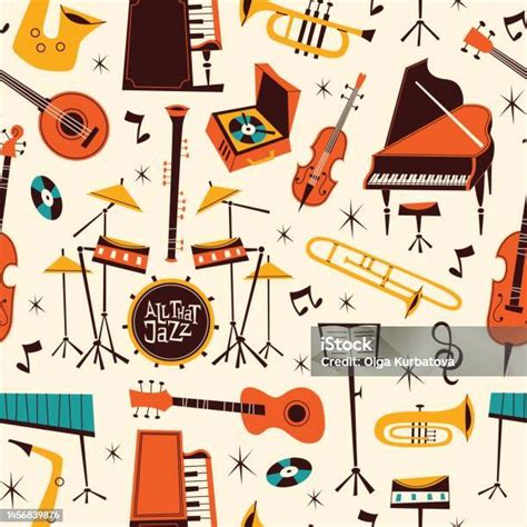 재즈 라이브 음악 완벽 한 패턴입니다 반복되는 악기 만화 모양 드럼 피아노 트롬본 및 색소폰 장식 섬유 포장지 벽지 깔끔한 벡터 배경 음악에 대한 스톡 벡터 아트 및 기타