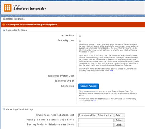 marketing cloud salesforce integration an exception occurred while saving the integration