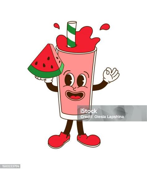 만화 만화 스타일의 수박 주스 유리 캐릭터 복고풍 스타일의 과일 음료의 재미있는 마스코트를 손으로 그립니다 격리된 벡터 그림 0명에 대한 스톡 벡터 아트 및 기타 이미지
