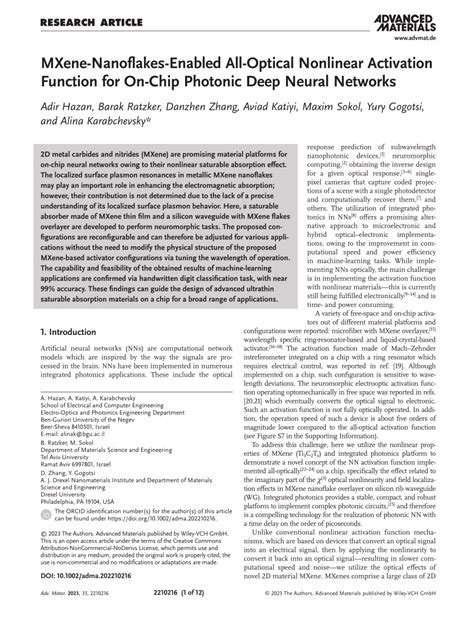 Pdf Mxene Nanoflakes Enabled All‐optical Nonlinear Activation Function For On‐chip Photonic