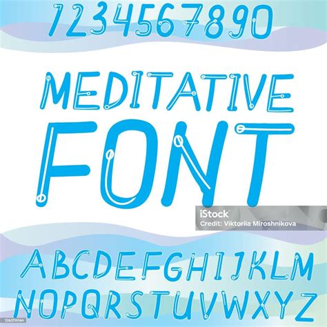 명상 글꼴 알파벳 디자인에 대한 흰색 배경에 고립 된 Abc 파란색 파란색 영어 문자와 숫자와 타이포그래피 벡터 스톡 일러스트