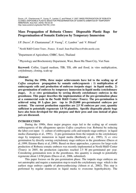 Pdf Mass Propagation Of Robusta Clones Disposable Plastic Bags For Pregermination Of Somatic